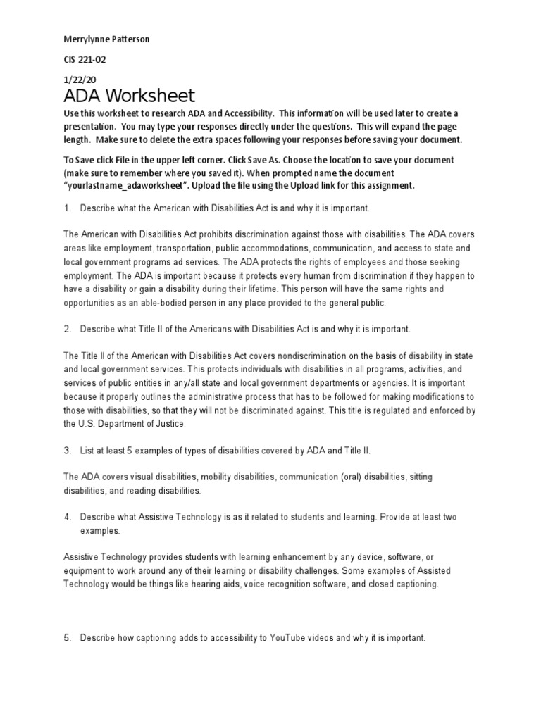 Ada Worksheet Patterson | PDF | Americans With Disabilities Act Of 1990 ...