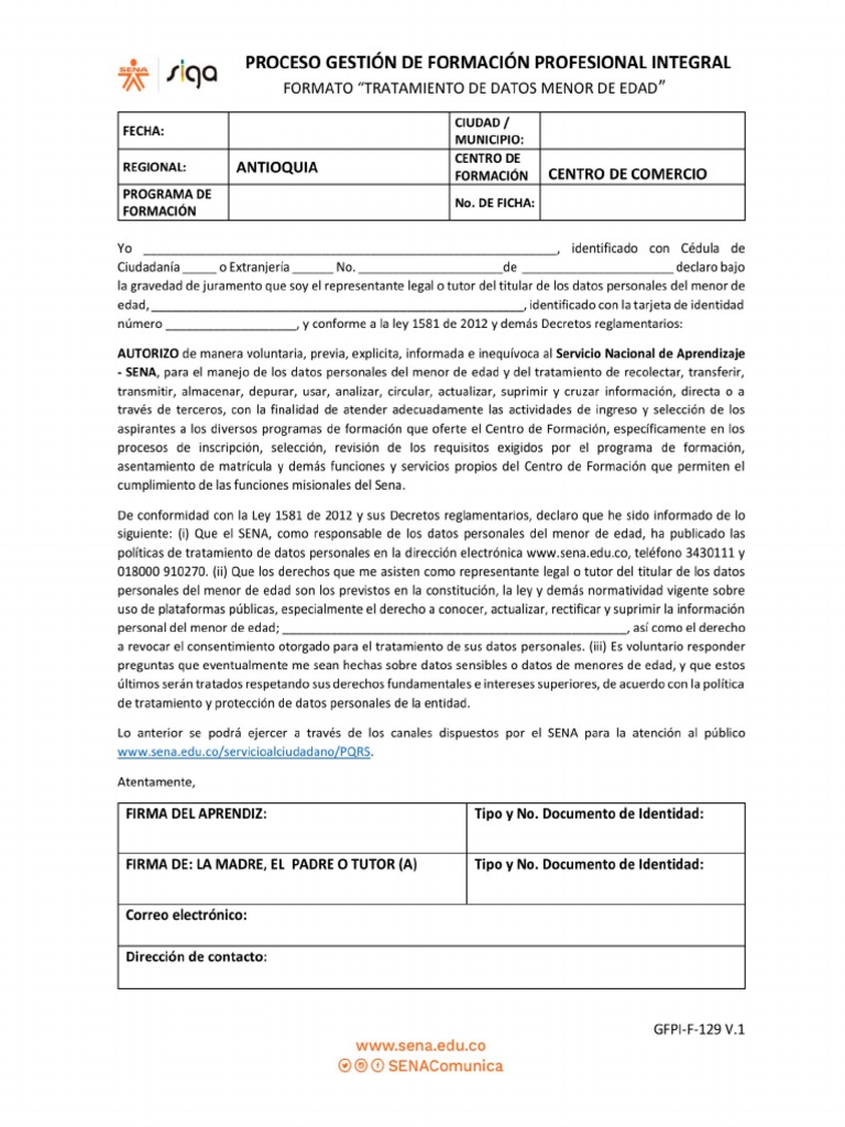 GFPI-F-129 Formato Tratamiento de Datos Menor de Edad | PDF