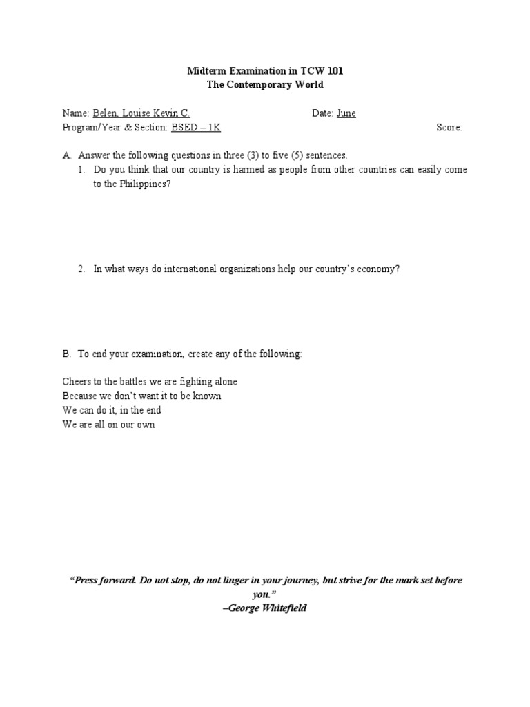 TCW Take Home Midterm Exam | PDF