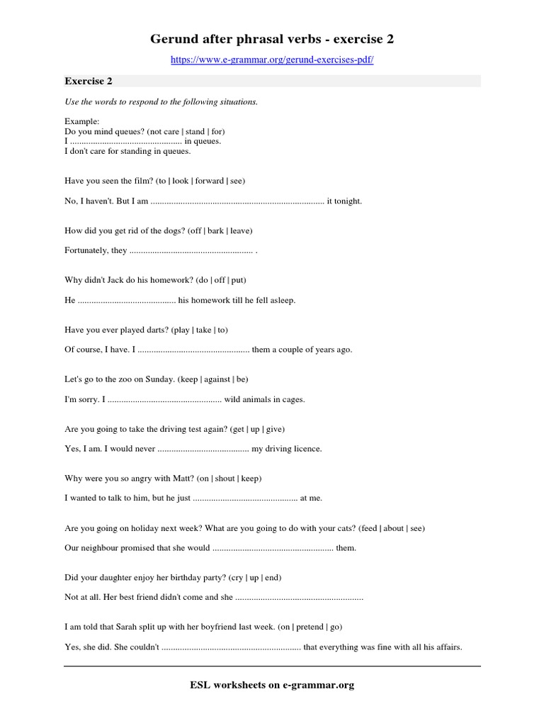 Gerund After Phrasal Verbs - Exercise 2 | PDF