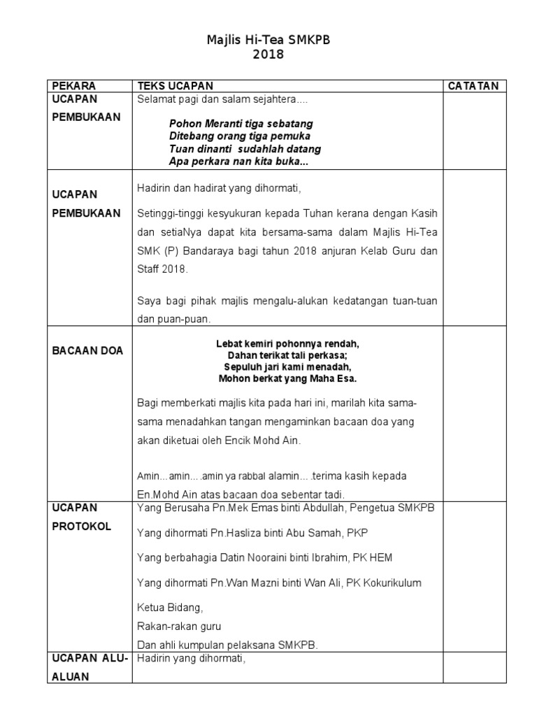 Skrip Pengacara Majlis Hi-Tea 2018 | PDF