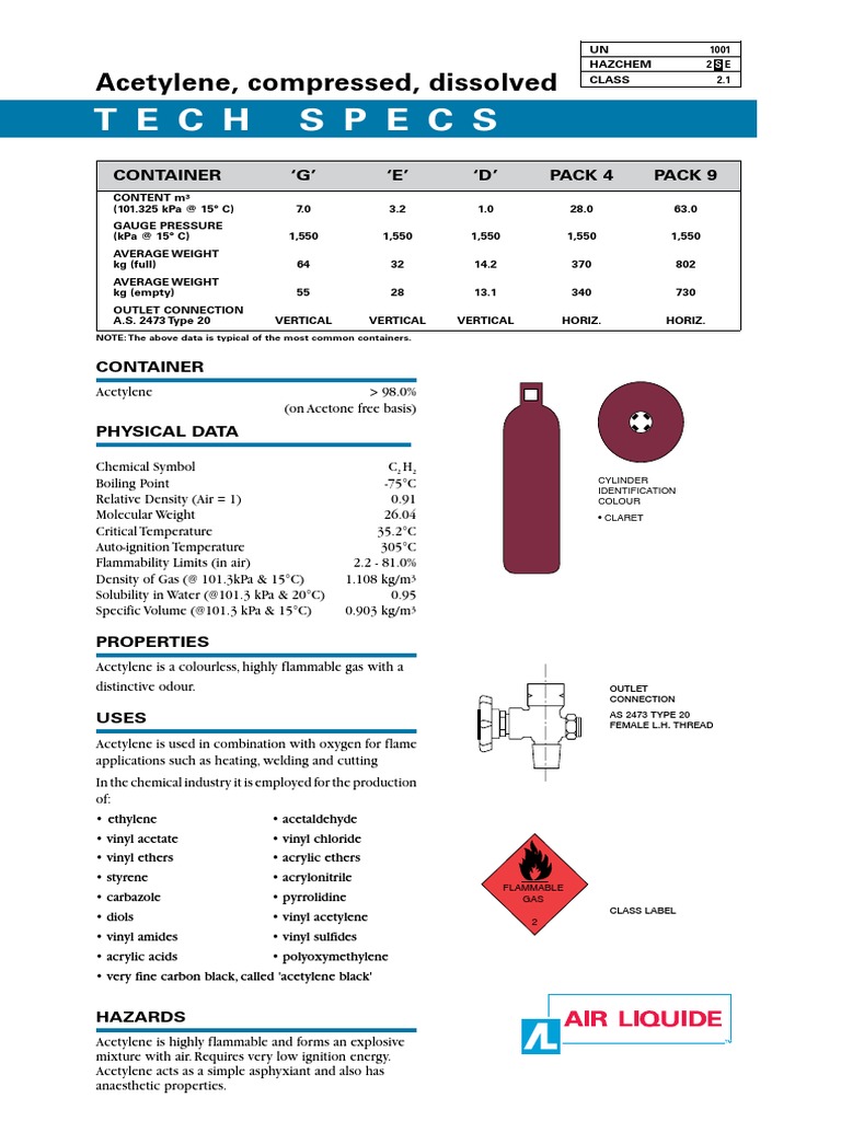 Tech Specs: Acetylene, Compressed, Dissolved | PDF | Polyvinyl Chloride ...
