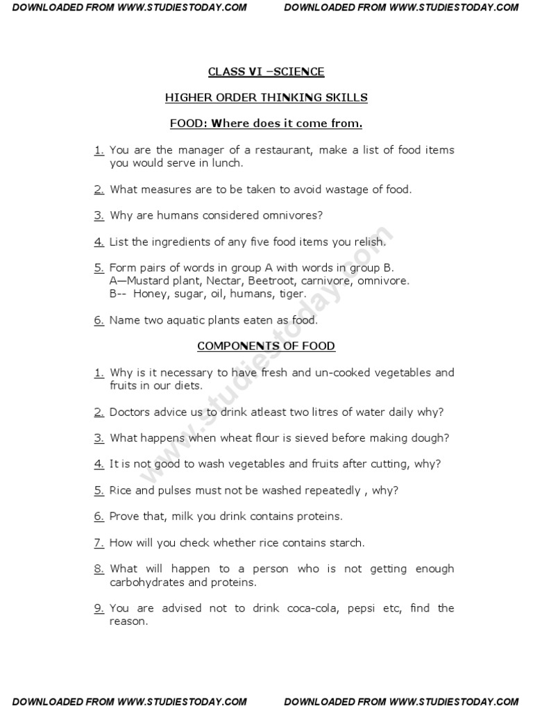 CBSE Class 6 Science HOTs Questions | PDF | Textiles | Foods