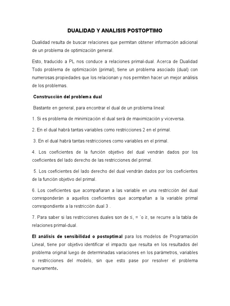 Dualidad y Analisis Postoptimo | PDF | Optimización Matemática | Matemáticas Aplicadas