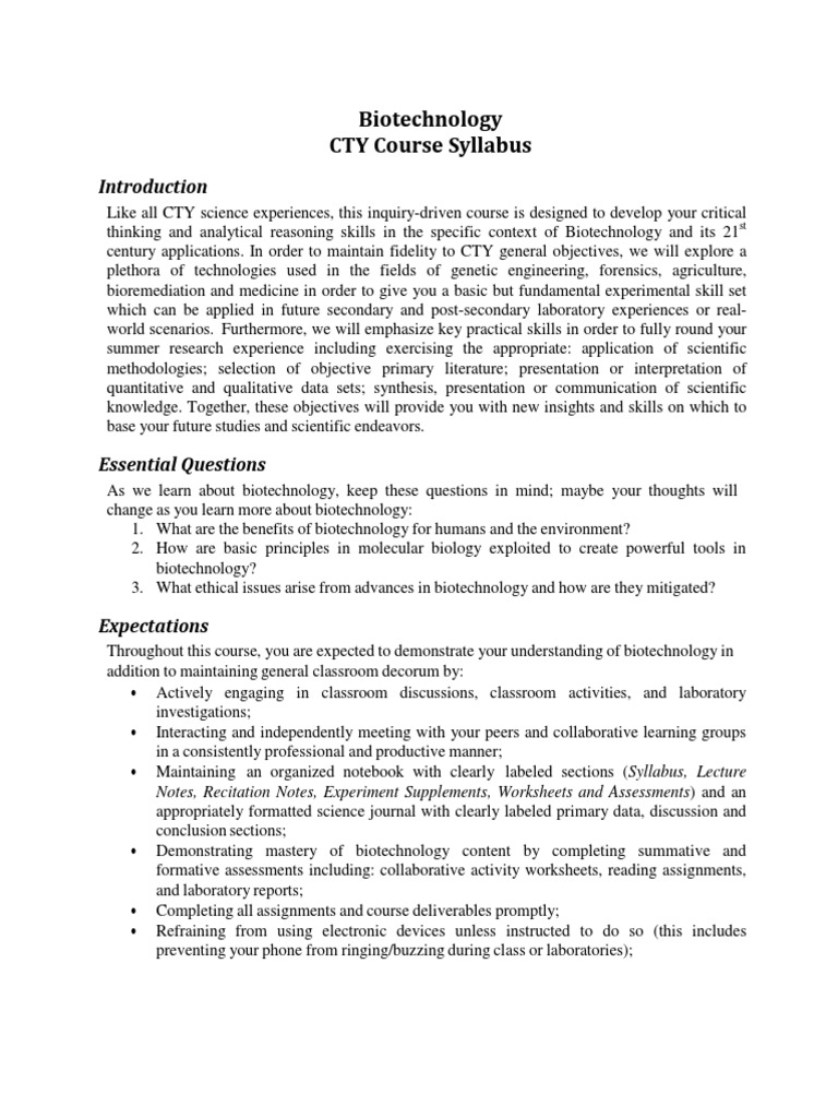 Biotechnology CTY Course Syllabus | PDF | Biotechnology | Genetically ...