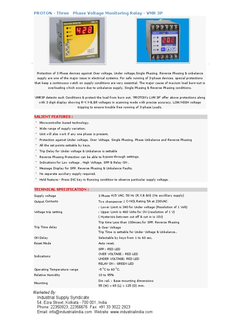 Proton VMR 3P Voltage Monitoring Relay | PDF | Relay | Power (Physics)