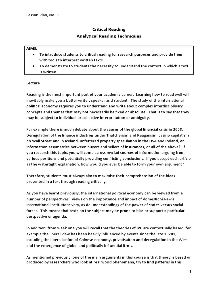 Critical Reading Analytical Reading Techniques: Aims | PDF | Argument ...