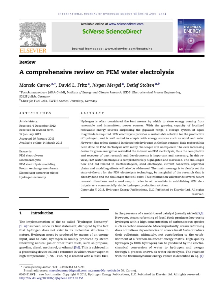 A Comprehensive Review On PEM Water Electrolysis | PDF | Chemical ...