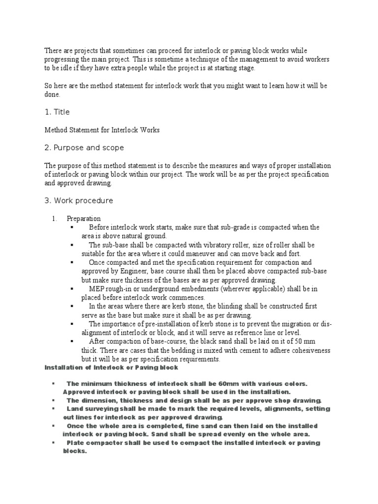 Method Statement of Interlocking Block | PDF | Road Surface | Concrete