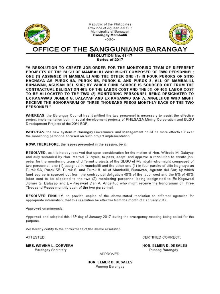 Resolution No. 41-17 - Honorarium For Monitoring Team | PDF ...