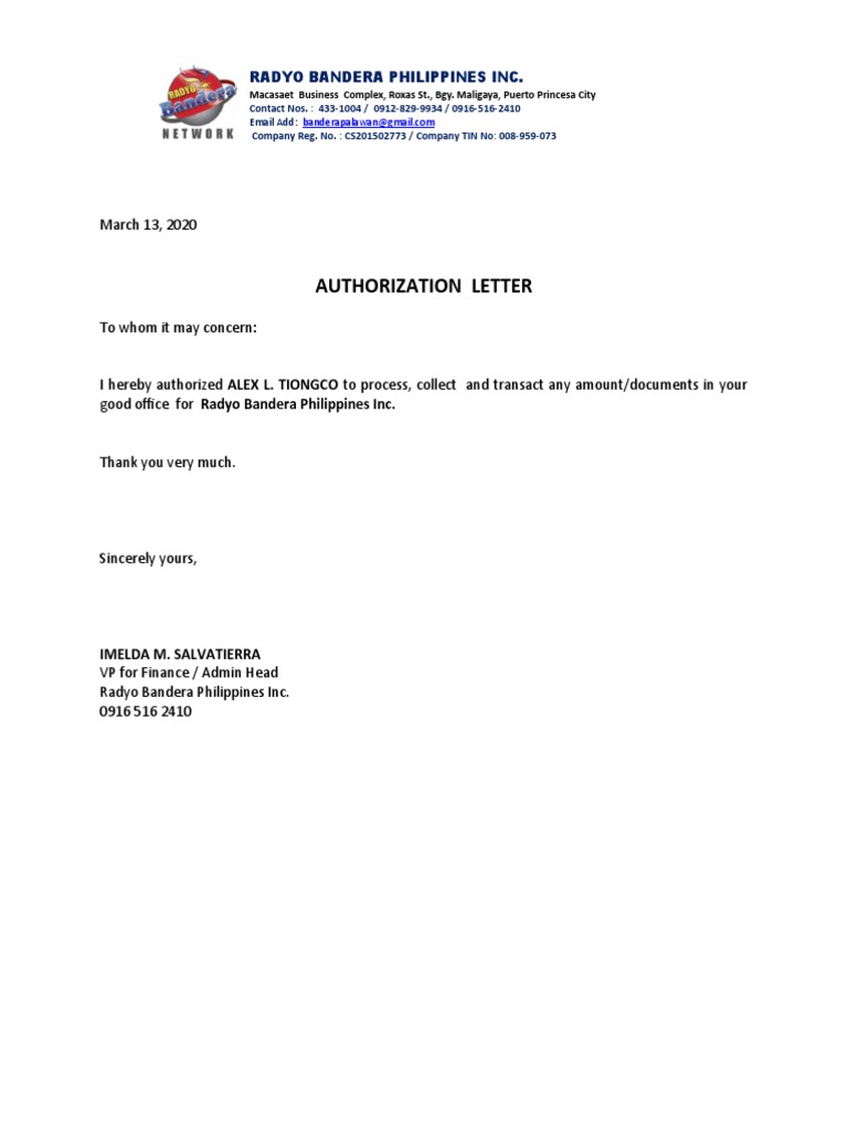 Authorization Letter: Radyo Bandera Philippines Inc | PDF