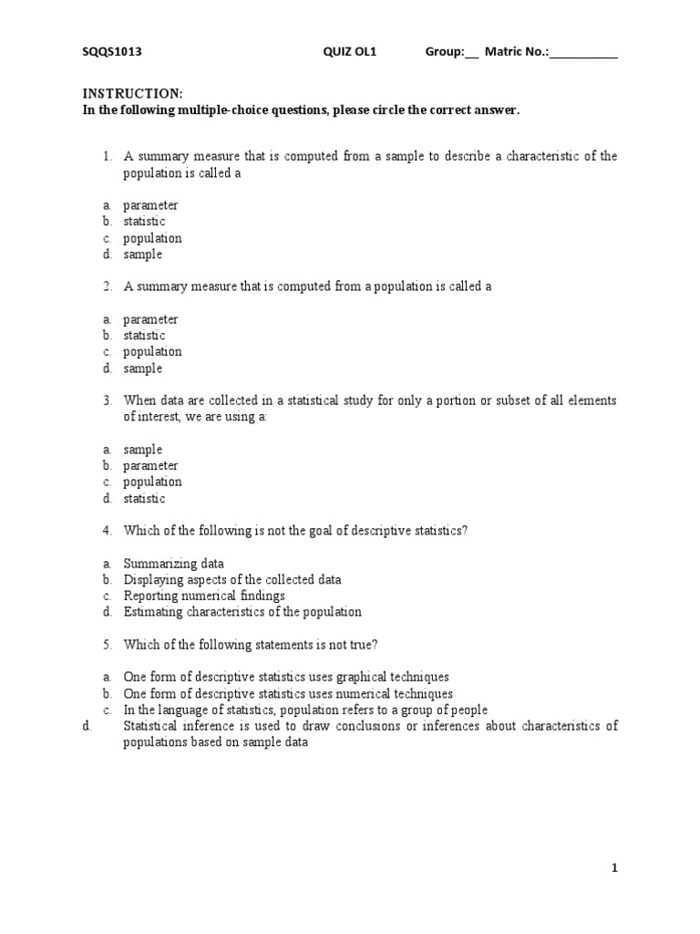 SQQS1013 Quiz Ol1 Group: - Matric No.: - Instruction: in The Following ...