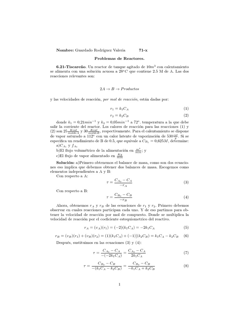 Problemas de Reactores PDF | PDF | Ingeniería mecánica | Termodinámica