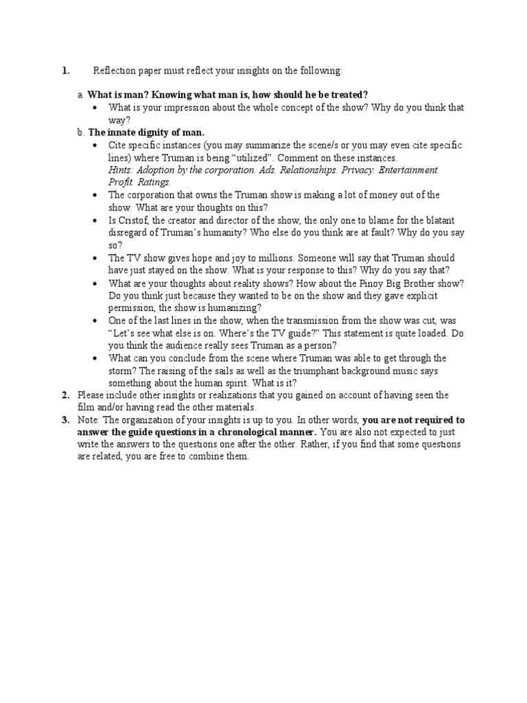 Guide Questions Truman Show | PDF