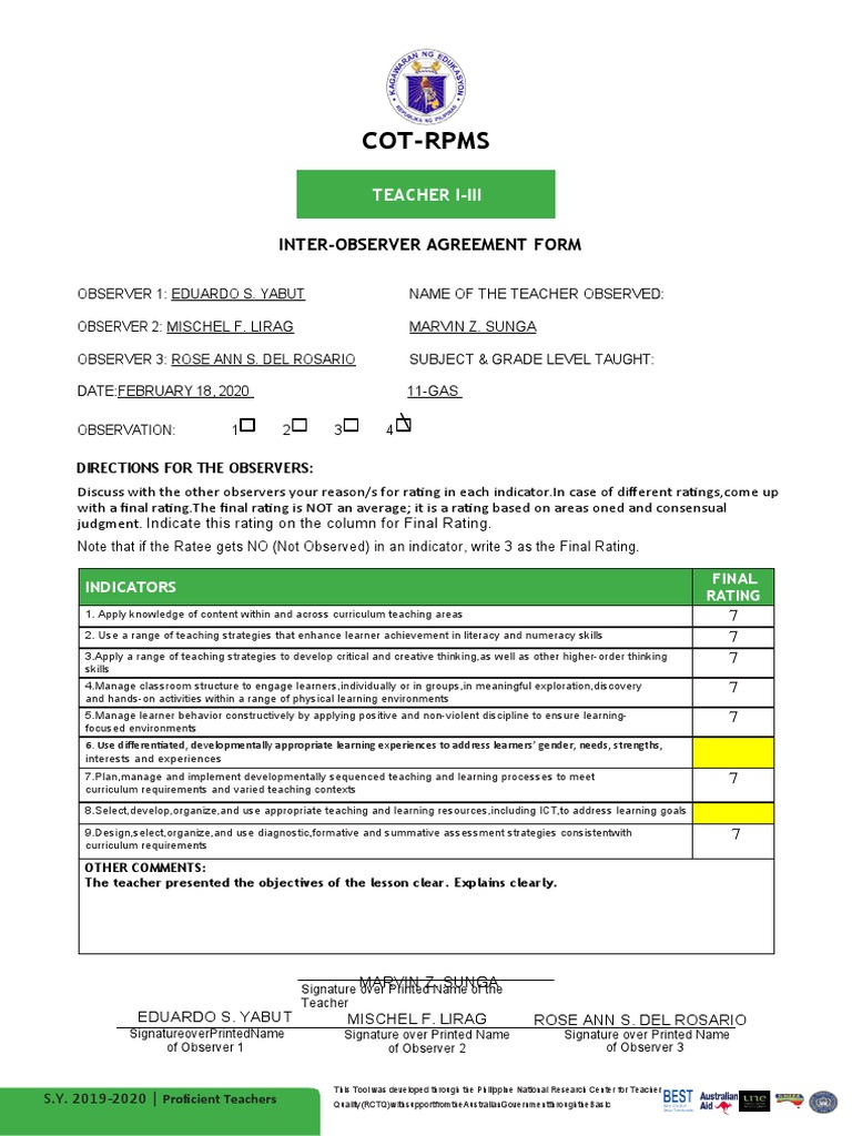 Cot-Rpms: Inter-Observer Agreement Form | PDF | Curriculum ...