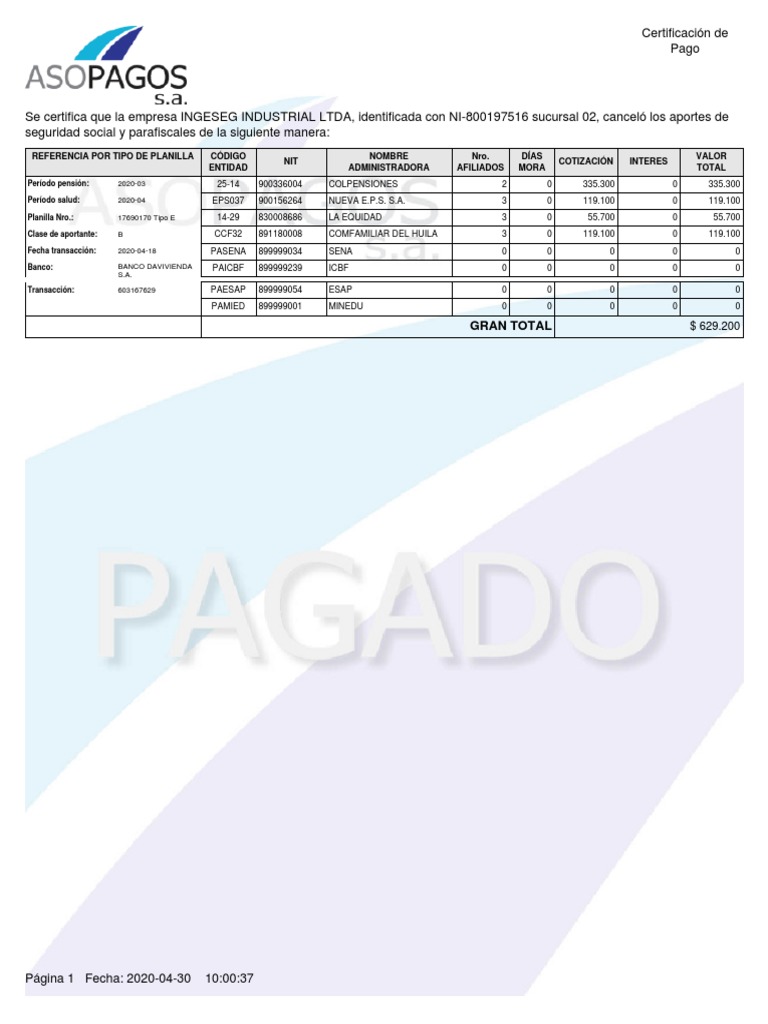 CertificadoPagoEmpleador NI-800197516-02 202003 PDF | PDF | Economía demográfica | Politica social