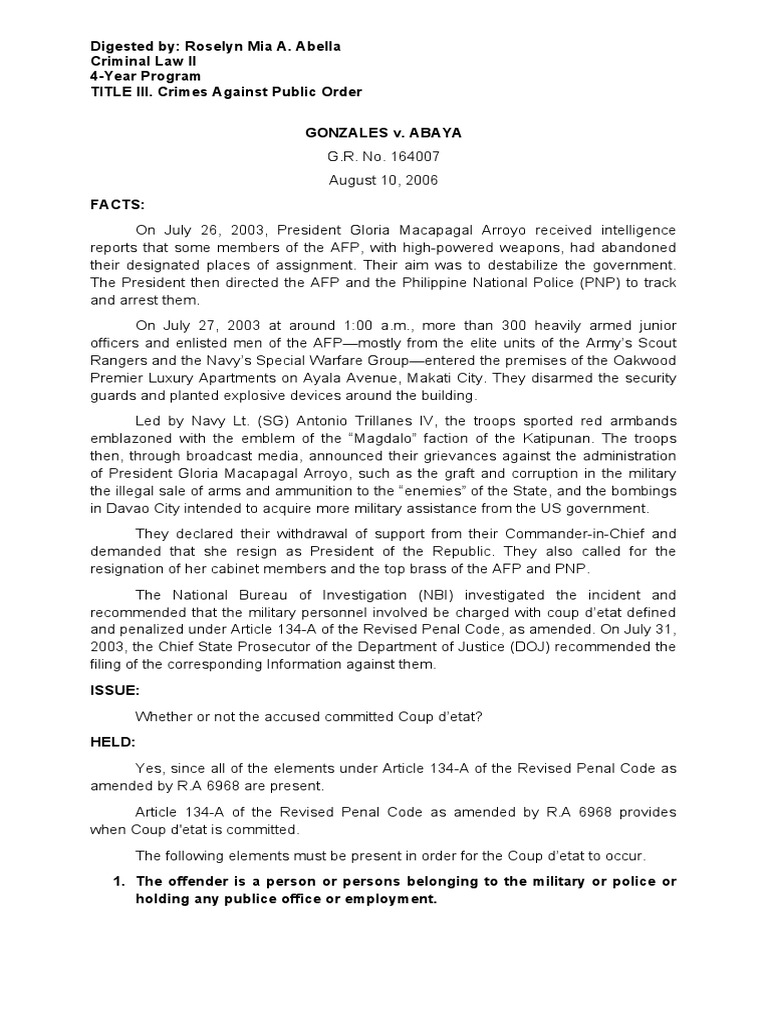 Gonzales v. Abaya - Article 134-A (As Amended by R.A. 6968) | PDF ...