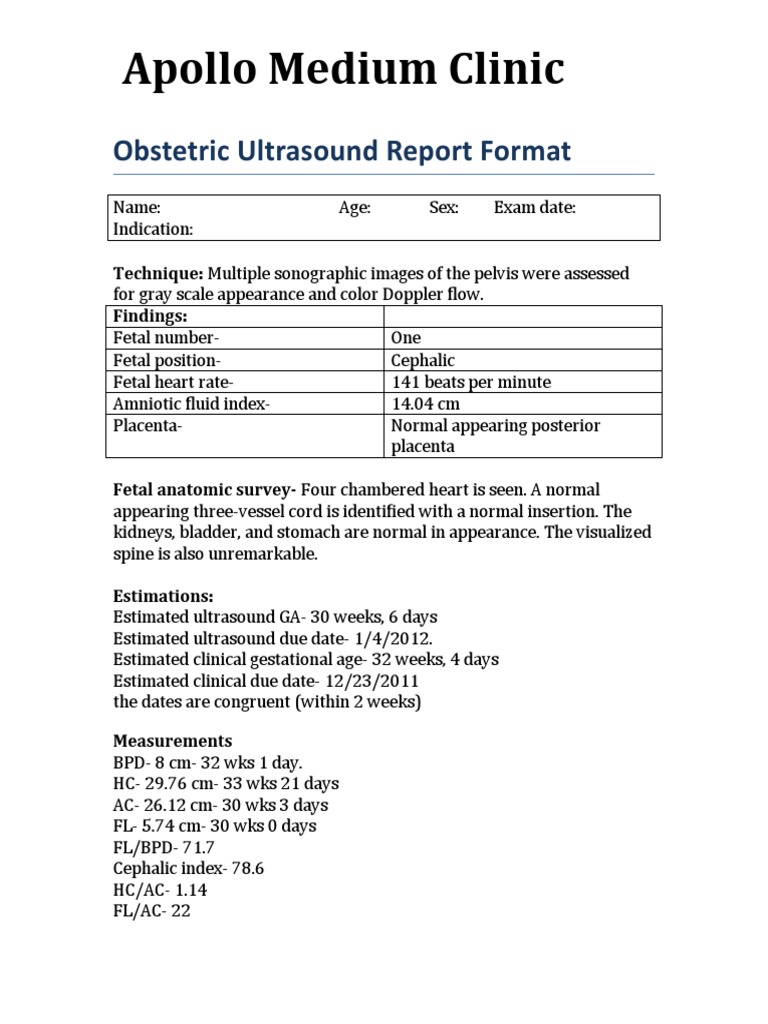Obstetric Ultrasound Report Format Pdf Fetus Medical Ultrasound