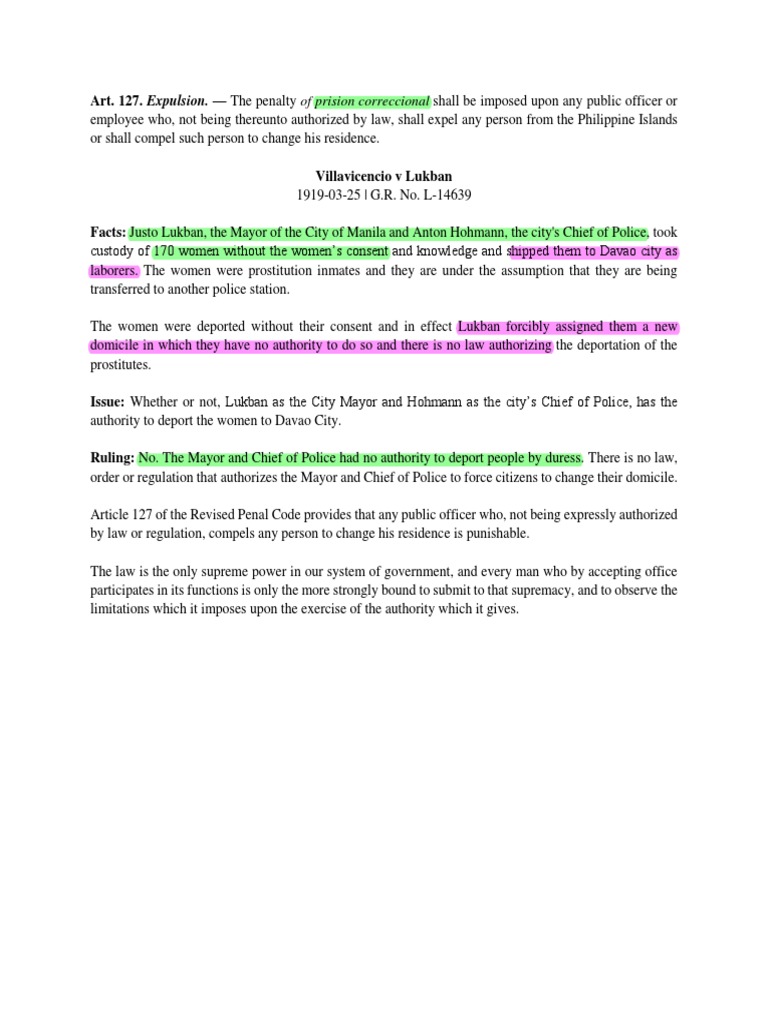 Villavicencio V Lukban (Article 127) | PDF