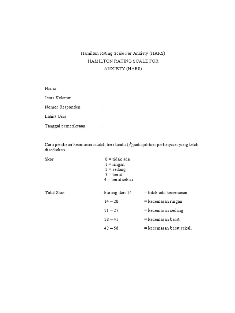 Hamilton Rating Scale For Anxiety (HARS) HAMILTON RATING SCALE FOR ...