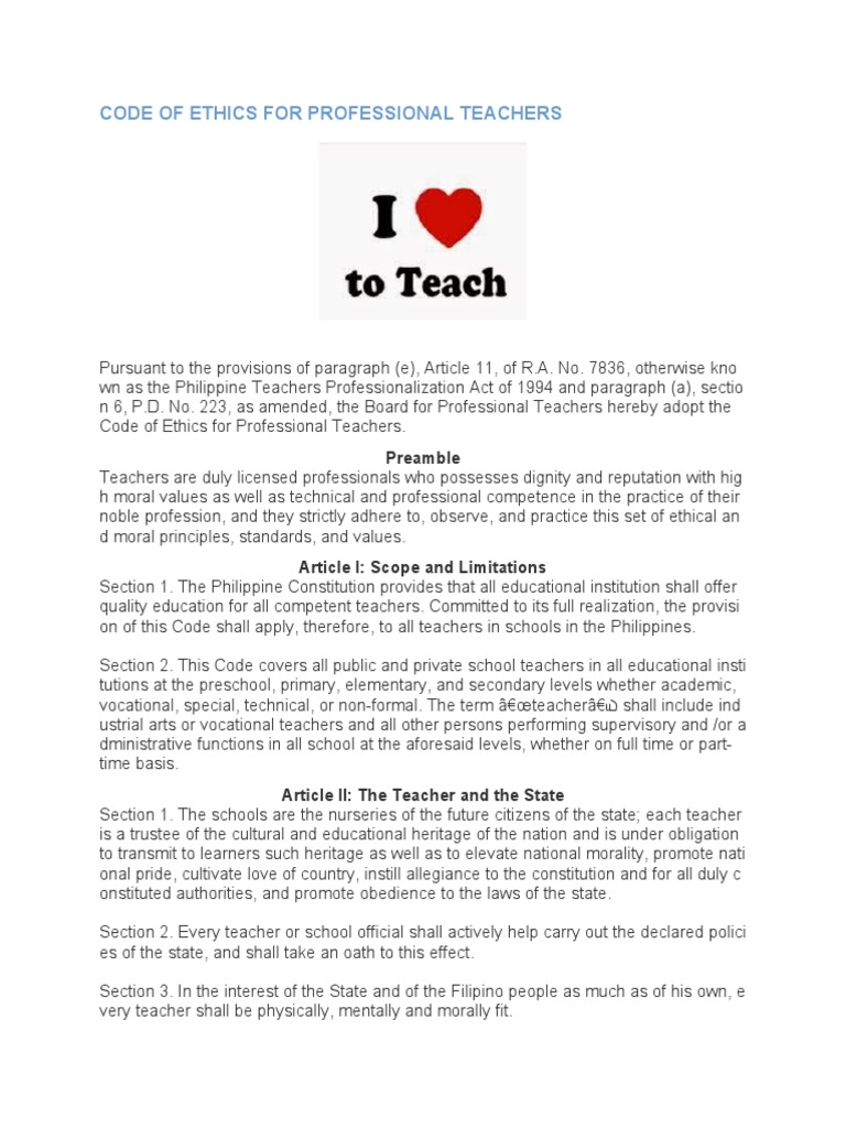 Code of Ethics For Professional Teachers: Preamble | PDF | Dignity ...