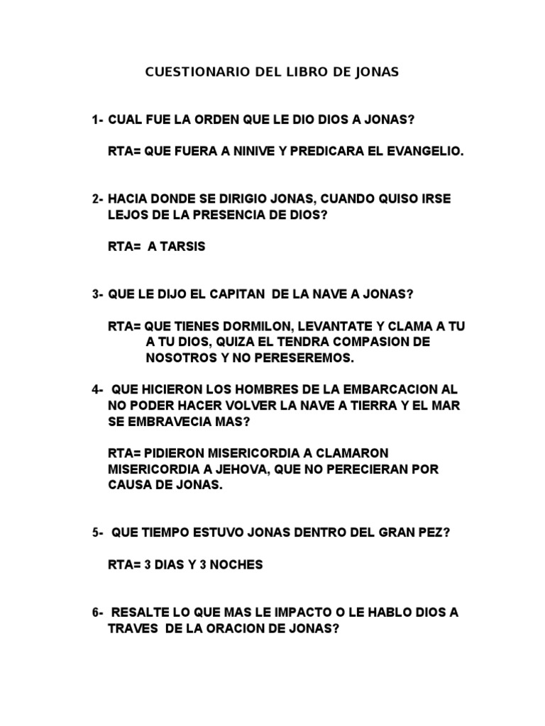 Cuestionario sobre el Libro de Jonás | PDF | Libros para adolescentes