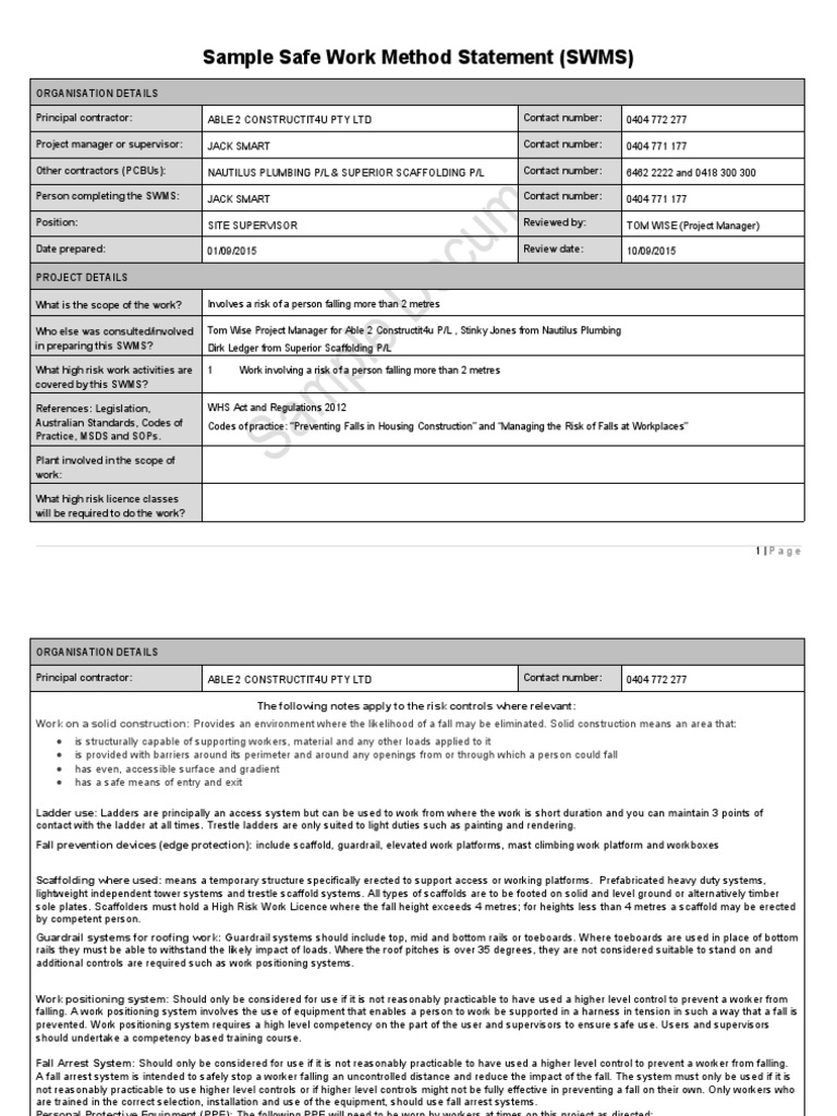Safe Work Method Statement Working at Heights Sample | PDF ...