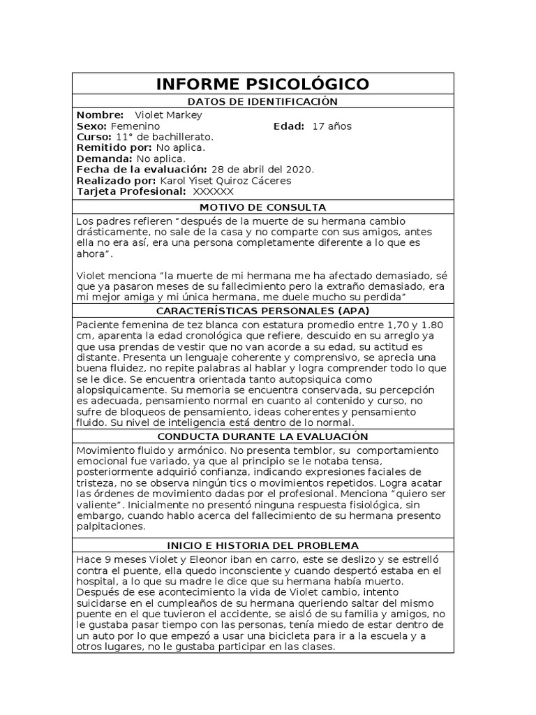 Informe Psicologico Adolescente | PDF | Depresión (estado de ánimo) | Las emociones