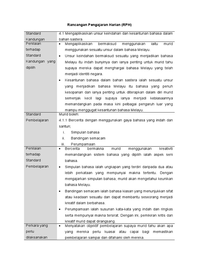 Rancangan Pengajaran Harian (RPH) | PDF