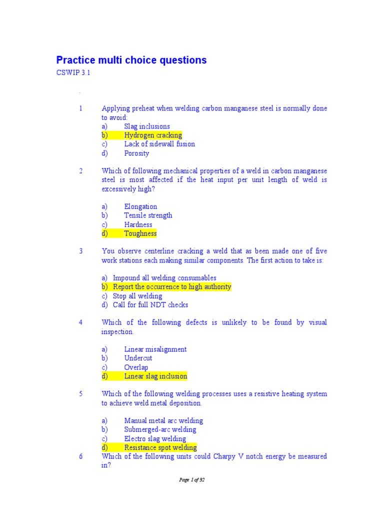 Practice Multi Choice Questions: Page 1 of 32 | PDF | Welding ...