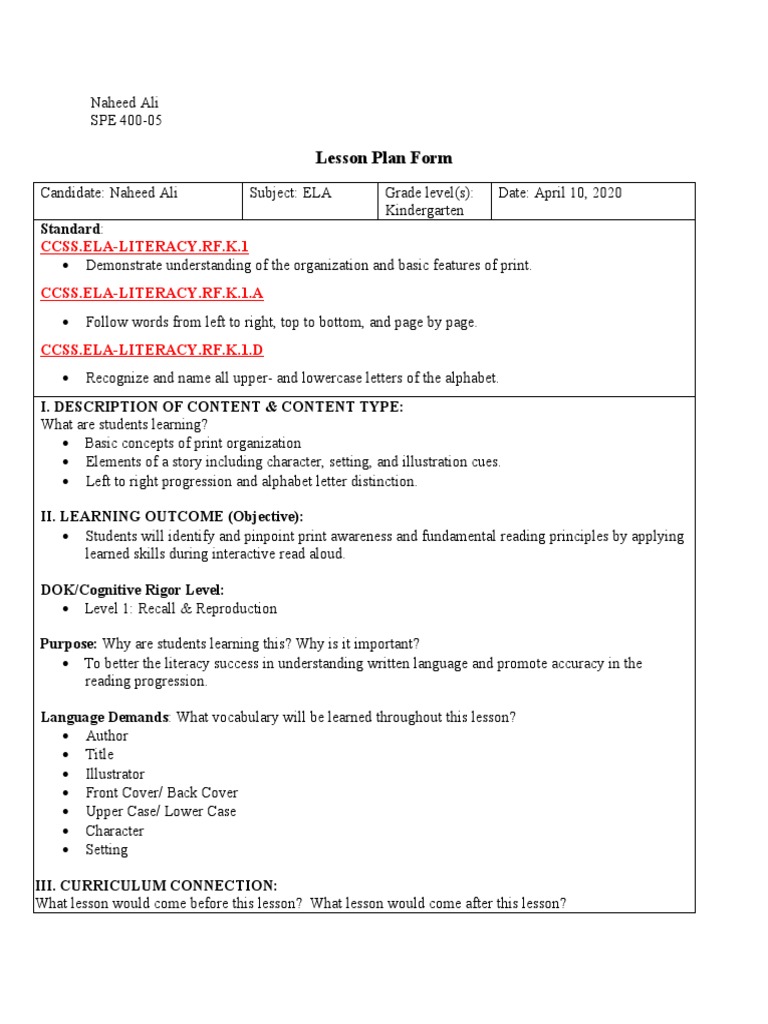 Lesson Plan Form: Ccss - Ela-Literacy - Rf.K.1 Ccss - Ela-Literacy - Rf ...