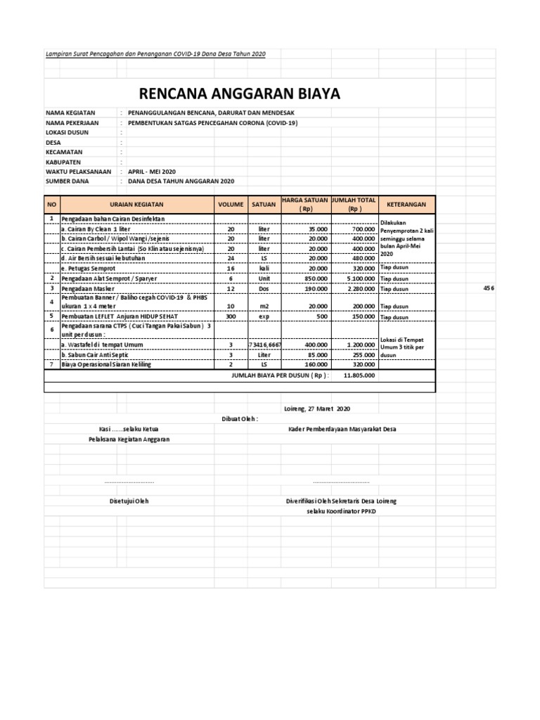 Contoh Rab Desa Tanggap Darurat Cegah Covic19 | PDF