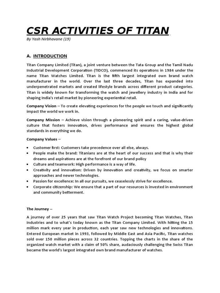 CSR Activities of Titan: A. Introduction | PDF | Corporate Social ...