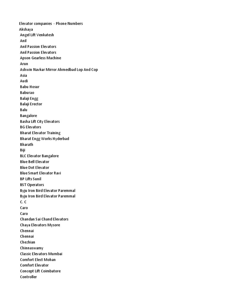 Elevator Companies and Contacts List | PDF