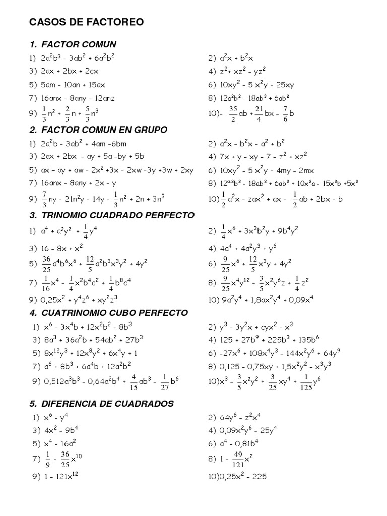 Casos de Factoreo PDF | PDF | Números | Matemática Elemental