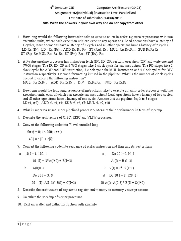 Instruction Level Parallelism Assignment | PDF | Central Processing Unit | Integrated Circuit