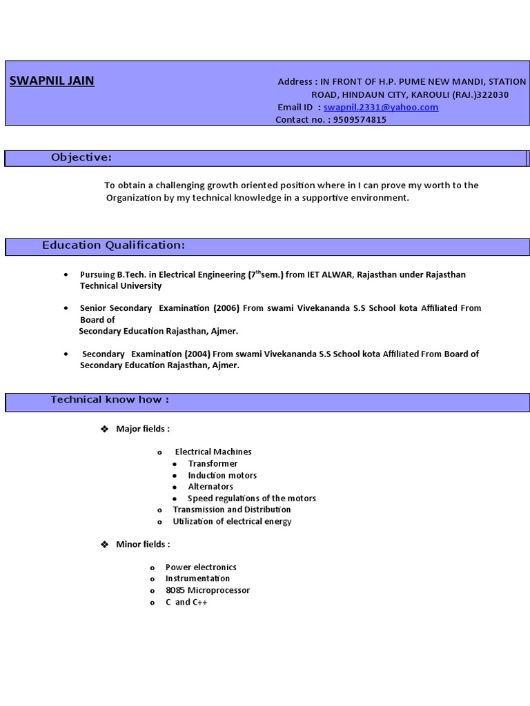 Swapnil Resume | PDF | Electrical Engineering | Electricity