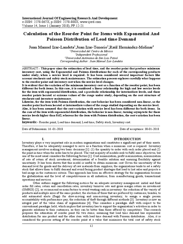 Calculation of The Reorder Point For Items With Exponential and Poisson ...