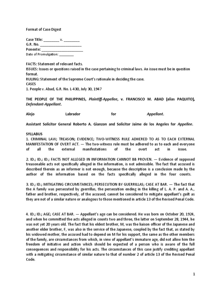 Format of Case Digest | PDF | Burden Of Proof (Law) | Witness