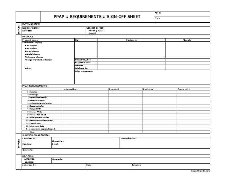 Ppap:: Requirements:: Sign-Off Sheet: PO #: Date | PDF | Computing ...