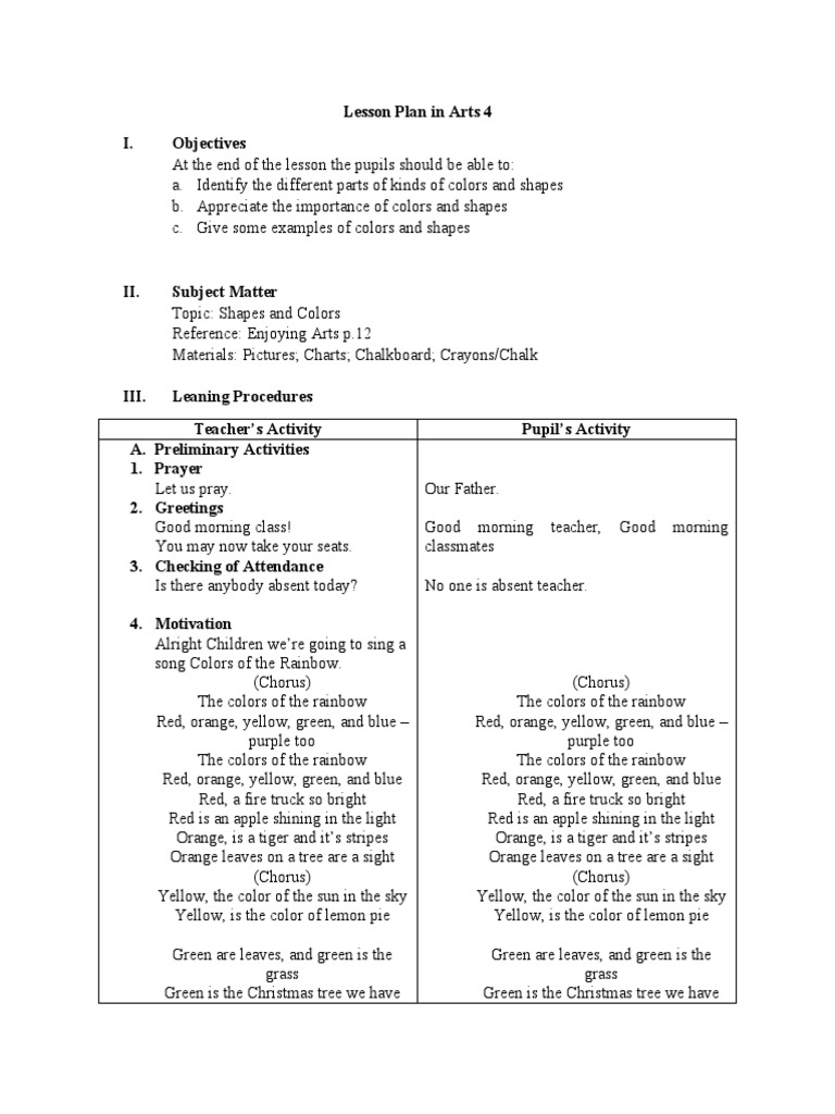 Lesson Plan in Arts 4 I. Objectives | PDF | Color | Red