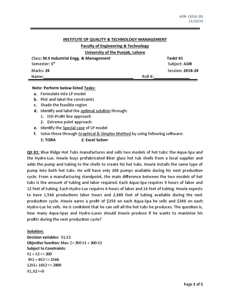 Task # 01 LP - Formulation, Graphical & Simplex Solution | PDF | Mathematical Optimization ...