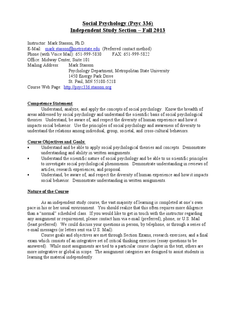 Social Psychology (Psyc 336) Independent Study Section - Fall 2013 ...
