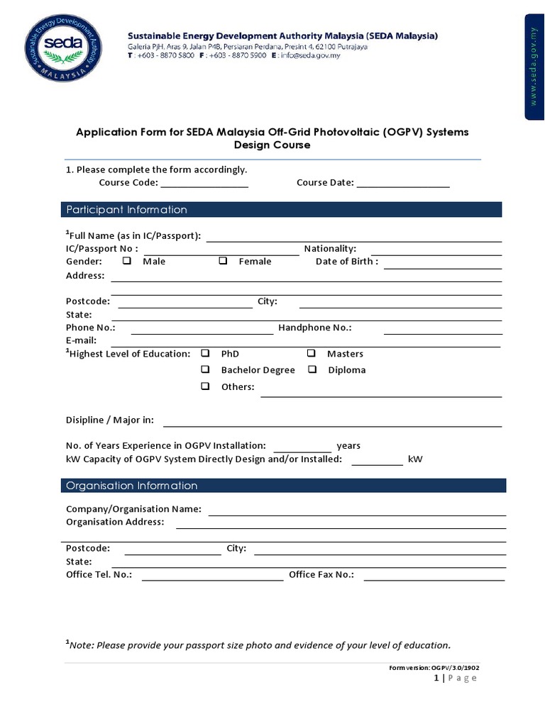 Application Form For SEDA Malaysia Off-Grid Photovoltaic (OGPV) Systems ...