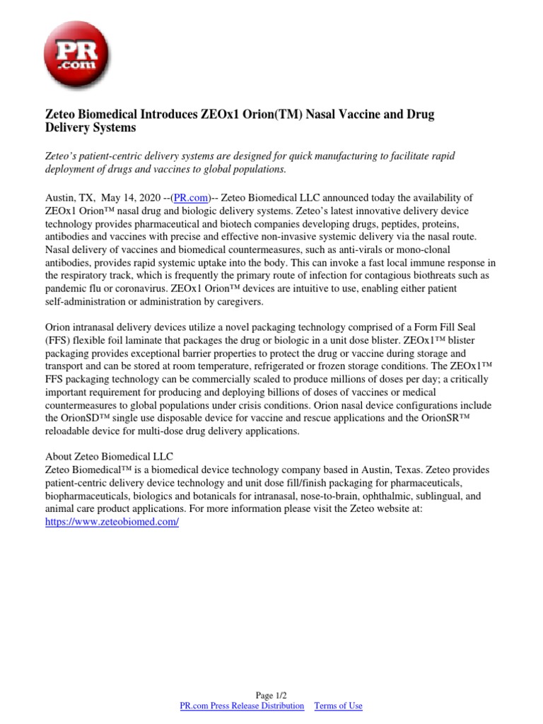 Zeteo Biomedical Introduces ZEOx1 Orion (TM) Nasal Vaccine and Drug ...