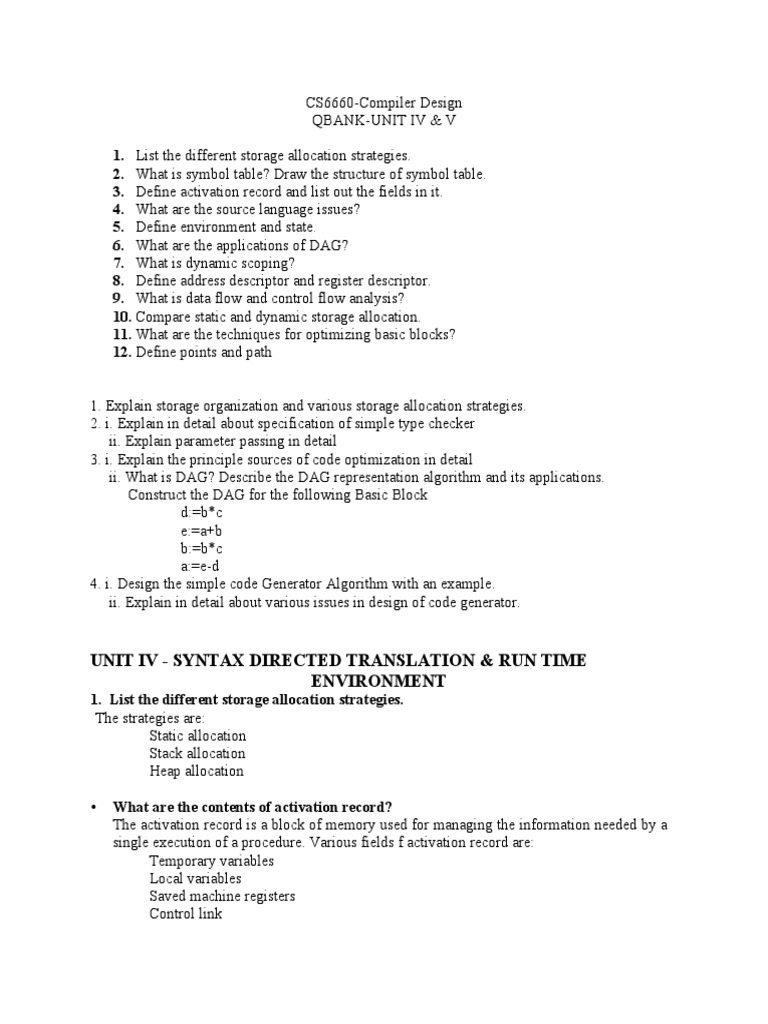 Unit Iv - Syntax Directed Translation & Run Time Environment | Download Free PDF | Subroutine ...