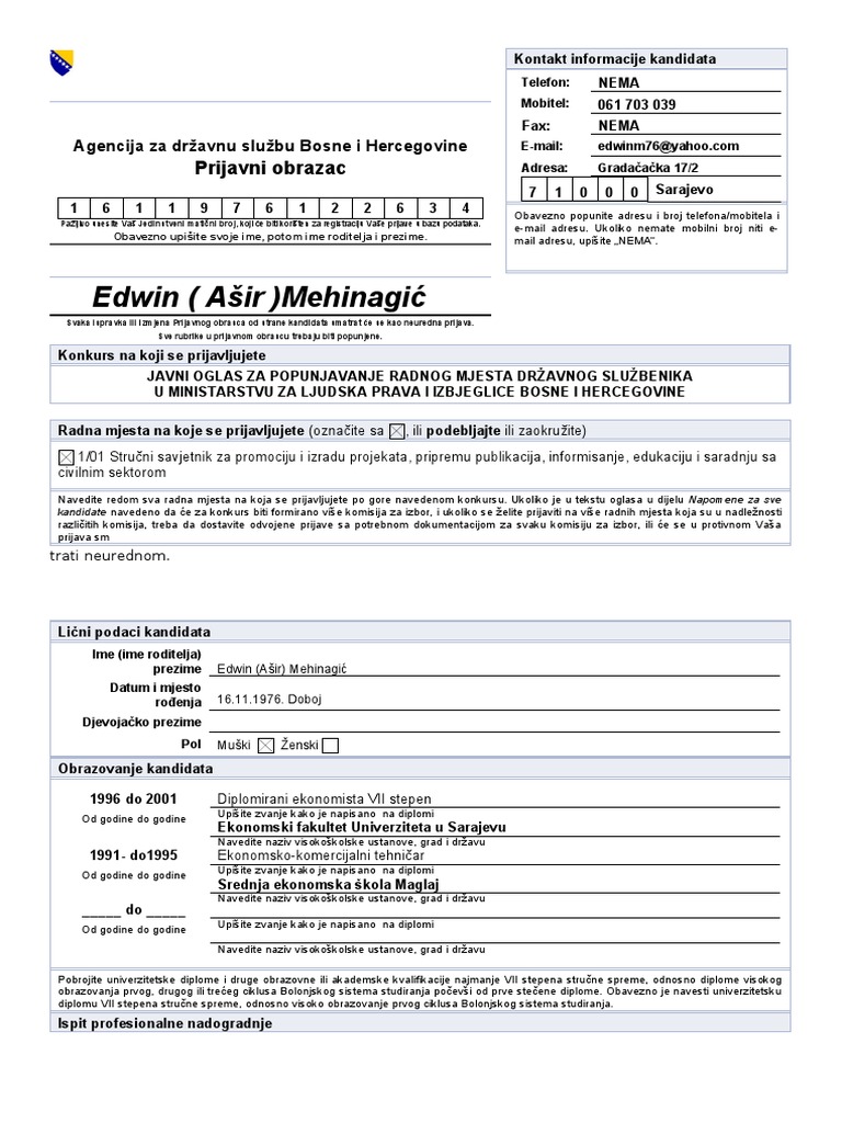 4036 - Prijavni Obrazac Na Bosanskom | PDF