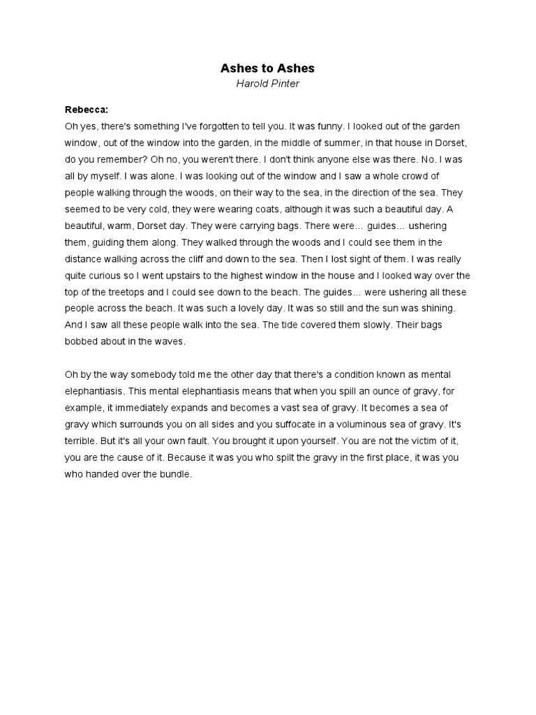 Ashes To Ashes Rebecca Monologue by Harold Pinter | PDF