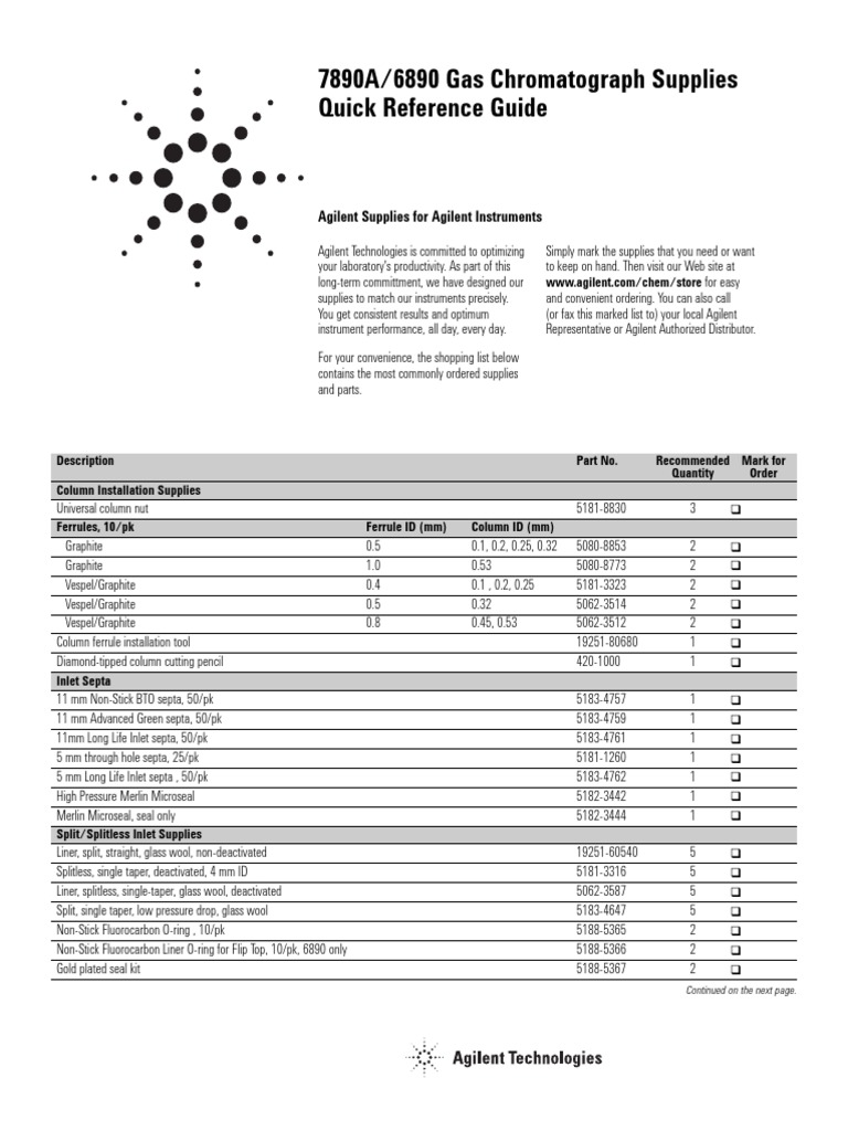 7890A/6890 Gas Chromatograph Supplies Quick Reference Guide: Agilent Supplies For Agilent ...