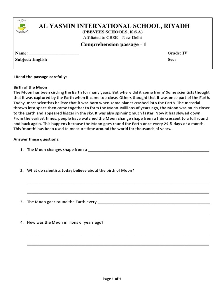 Grade IV Comprehension Passage - 1 | PDF